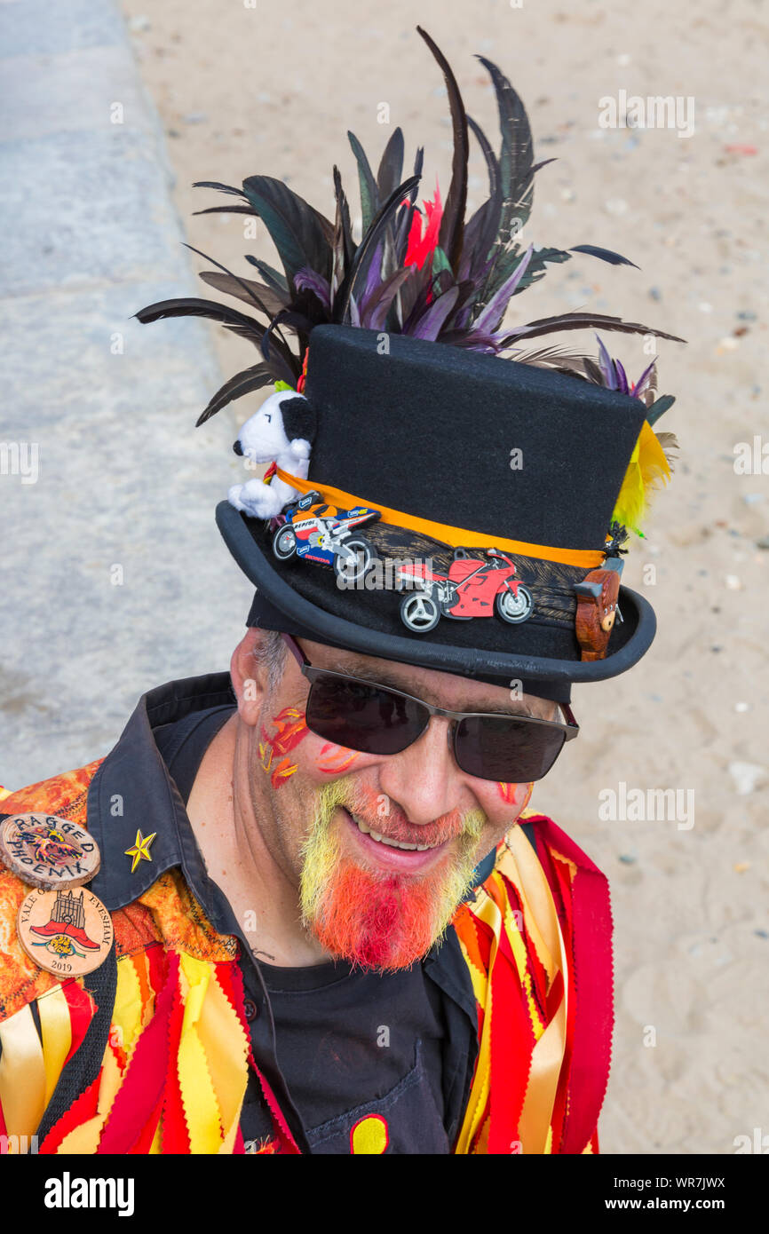 Colourful hat of Morris dancer, member of Ragged Phoenix Morris, at ...