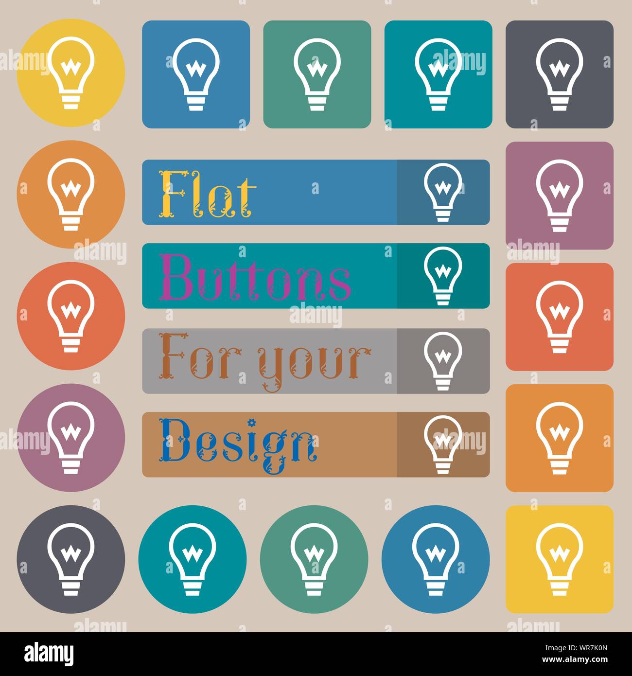 Light bulb icon sign. Set of twenty colored flat, round, square and ...