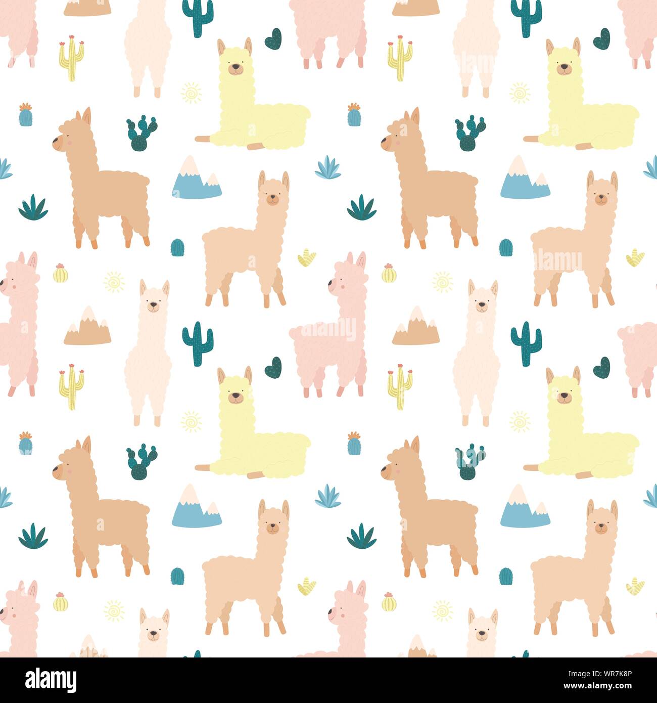 Seamless pattern of cute hand-drawn llamas or alpacas, mountains, cacti, garland, sun on a ...
