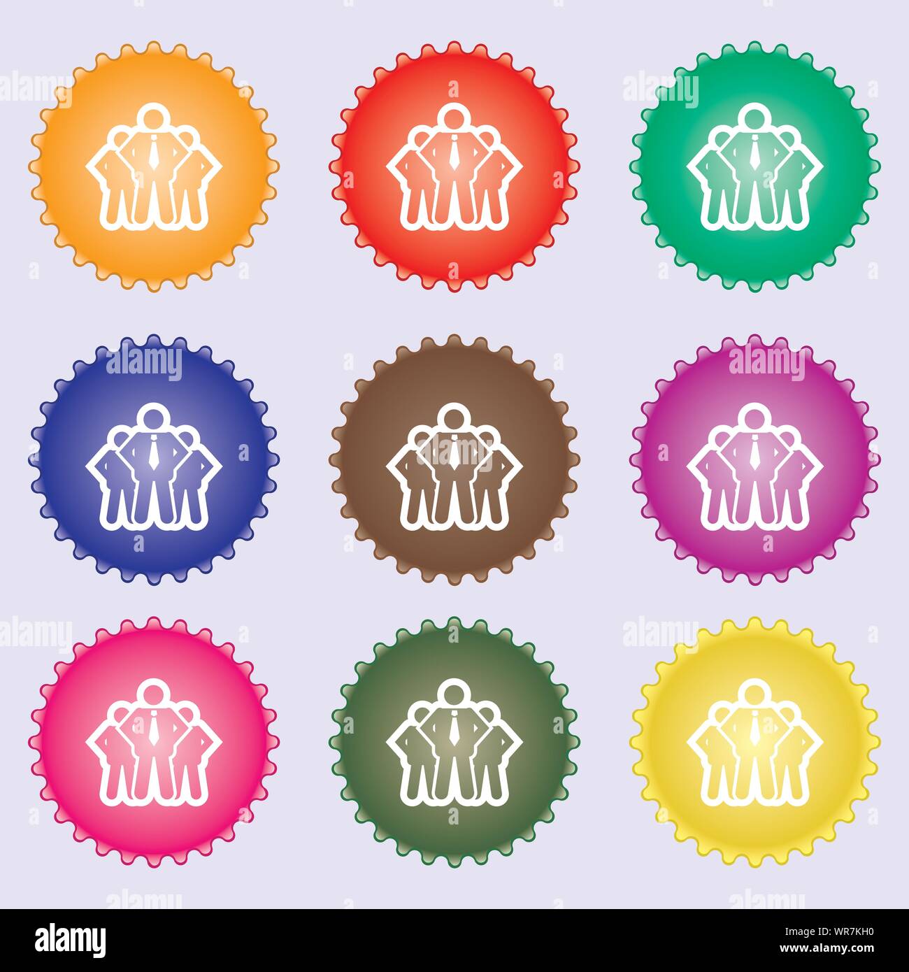 business team icon sign. A set of nine different colored labels. Vector ...