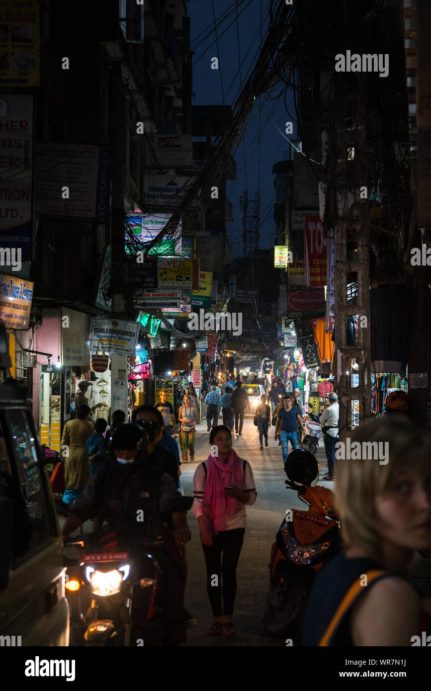 A street at night in Thamel district in Kathmandu, Nepal Stock Photo ...