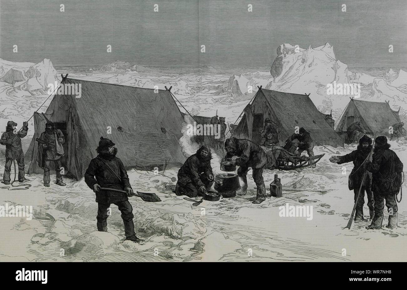 North Pole Expedition: sledge party camping for the night. Arctic ...