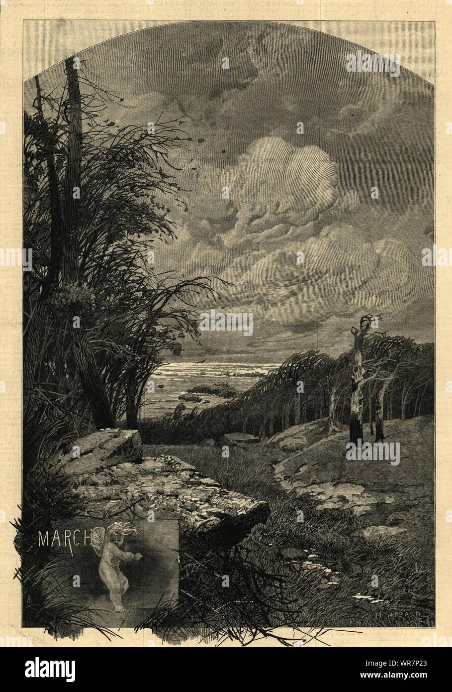 The month: March. Landscapes. Fine arts 1880 antique ILN full page ...