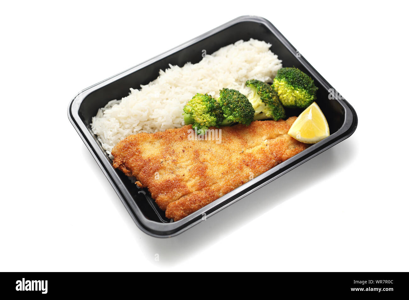 Catering box. Cod fillet fried with rice and broccoli. Box diet Stock ...