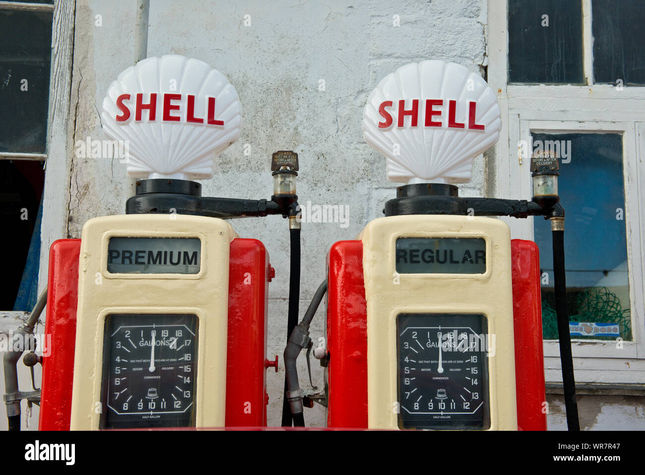 Vintage Shell forecourt petrol pumps. St Mawes, Cornwall, England, UK ...
