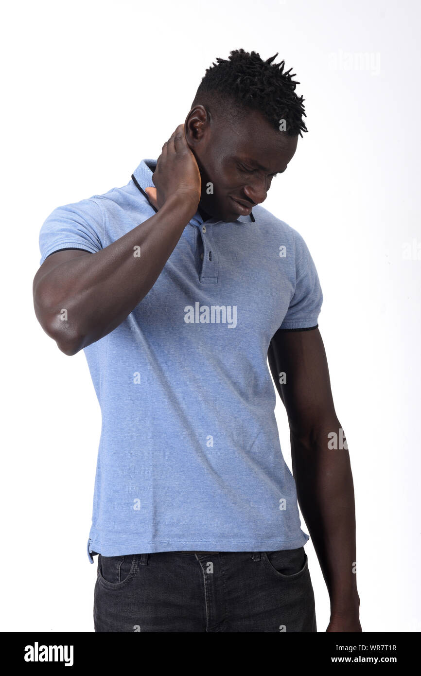 man with pain on nape on white background Stock Photo - Alamy