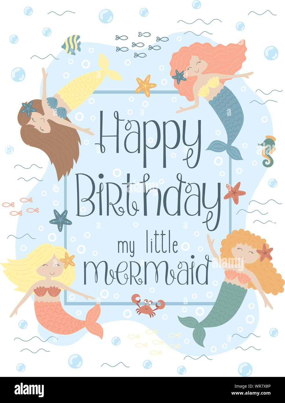 Vector image of funny little mermaids and sea creatures. Marine hand ...