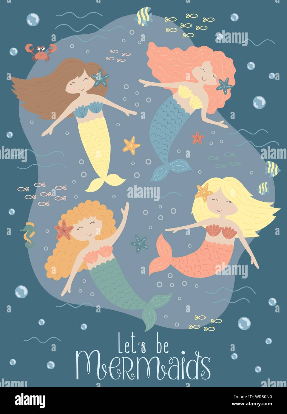 Vector image of funny mermaids and sea creatures underwater on the dark ...