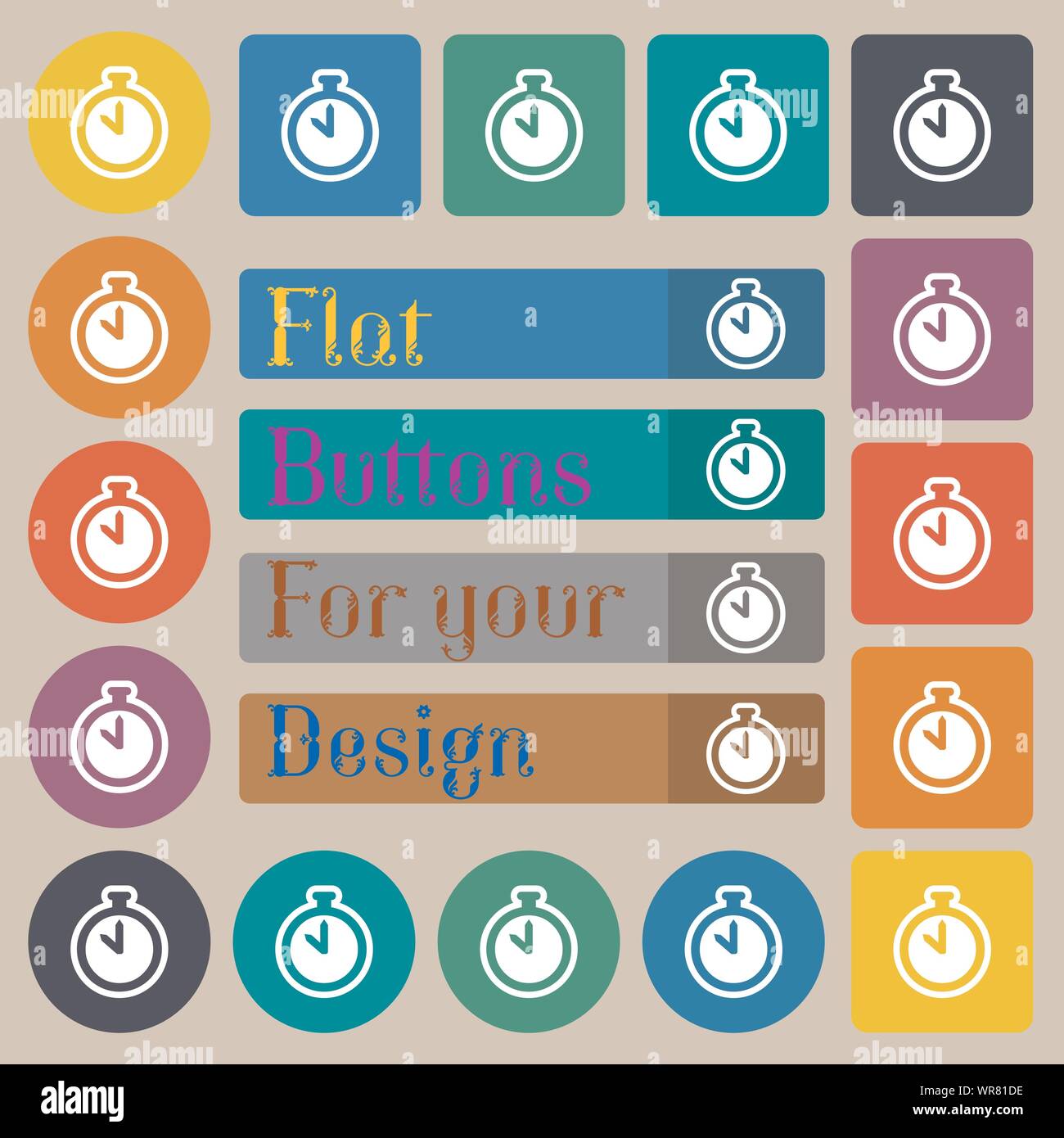 The stopwatch icon sign. Set of twenty colored flat, round, square and ...