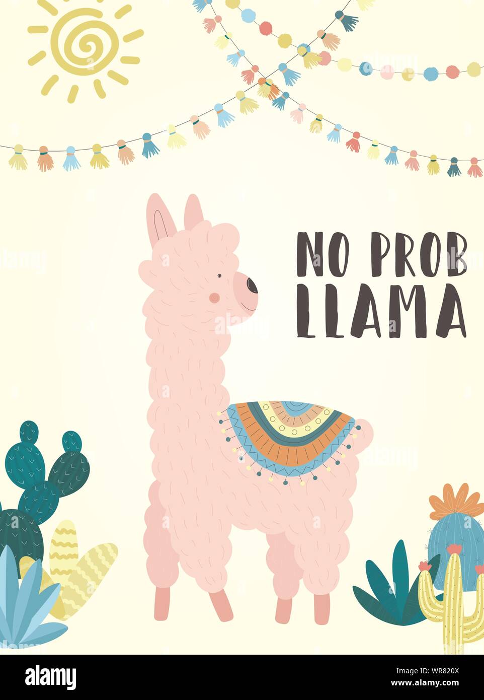 Vector illustration of a hand-drawn pink alpaca in national South ...