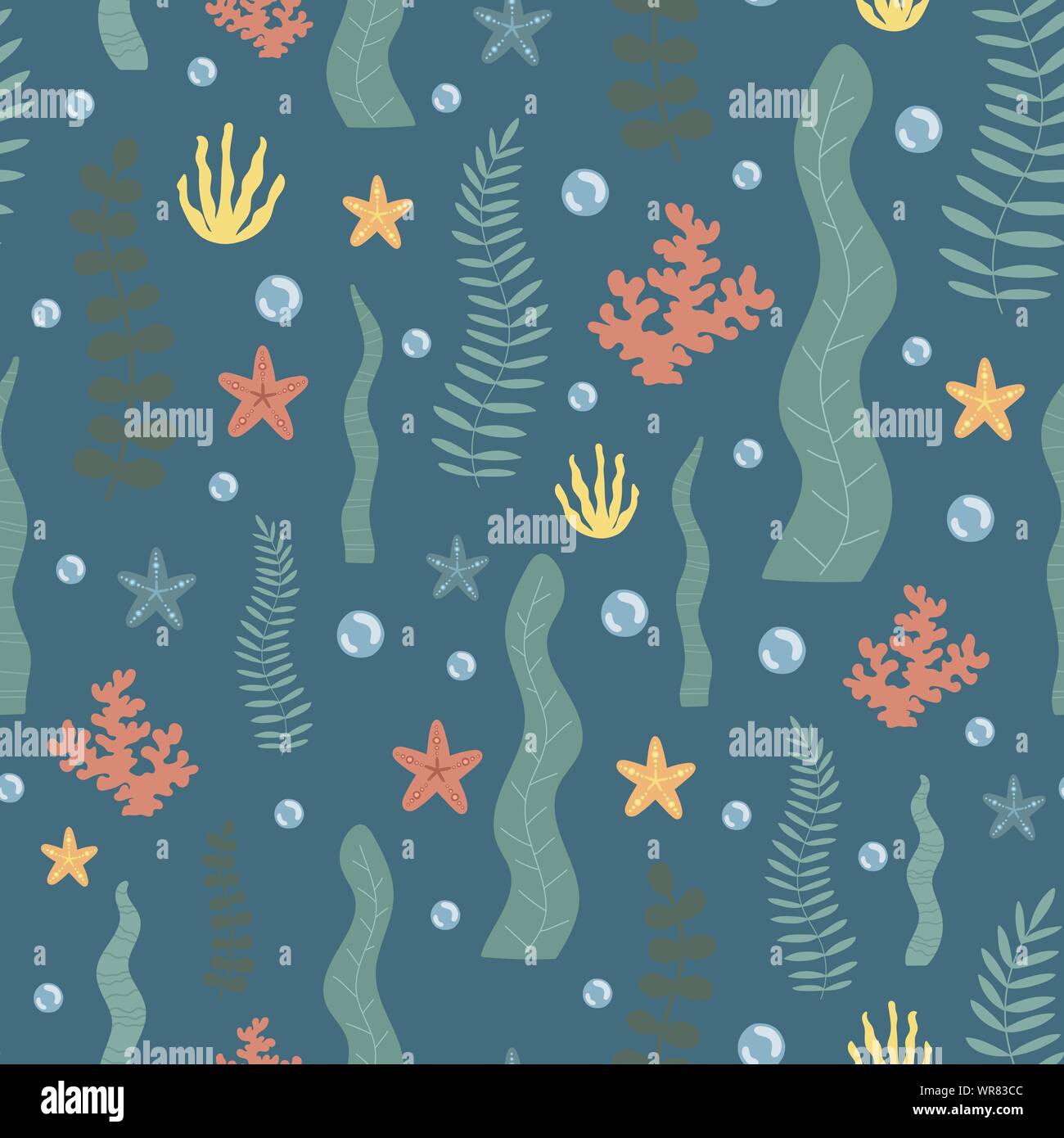Seamless summer algae pattern on the dark background. Vector sea ...