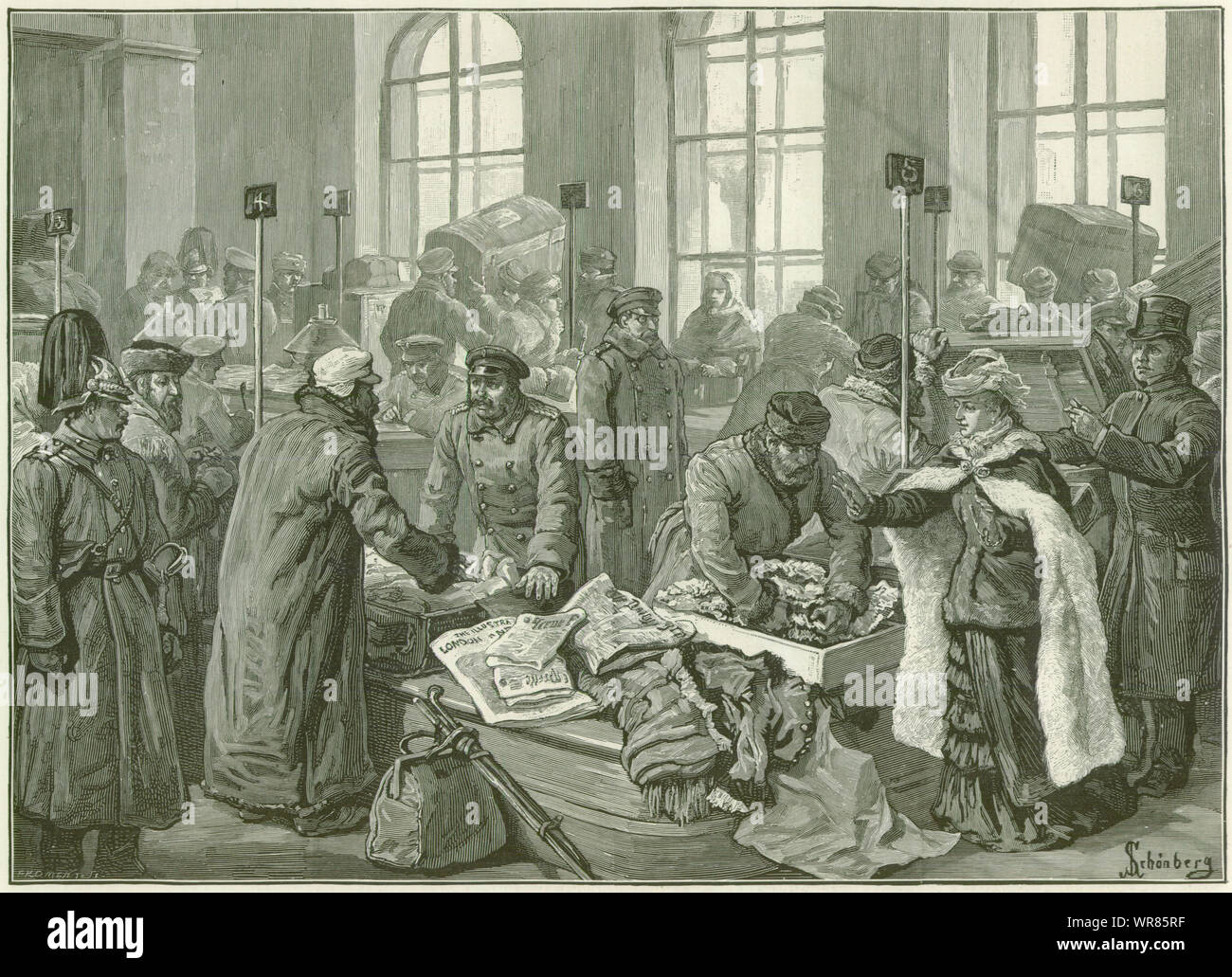 Russian custom officers examining luggage at Virbalis, Lithuania 1887 ...