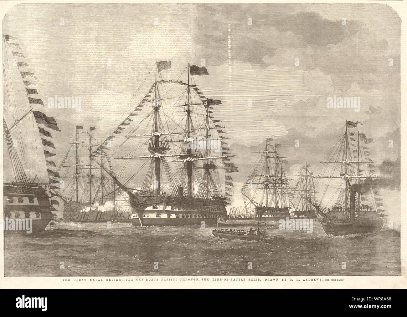 Naval Review: the gun-boats passing the line-of-battleships. Portsmouth ...