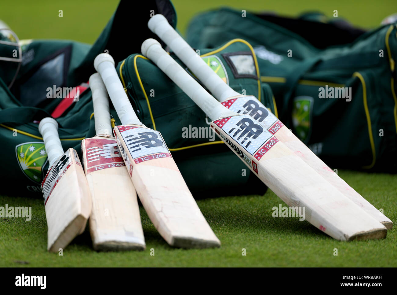 A view of some cricket bats during the nets session at The Oval, London ...