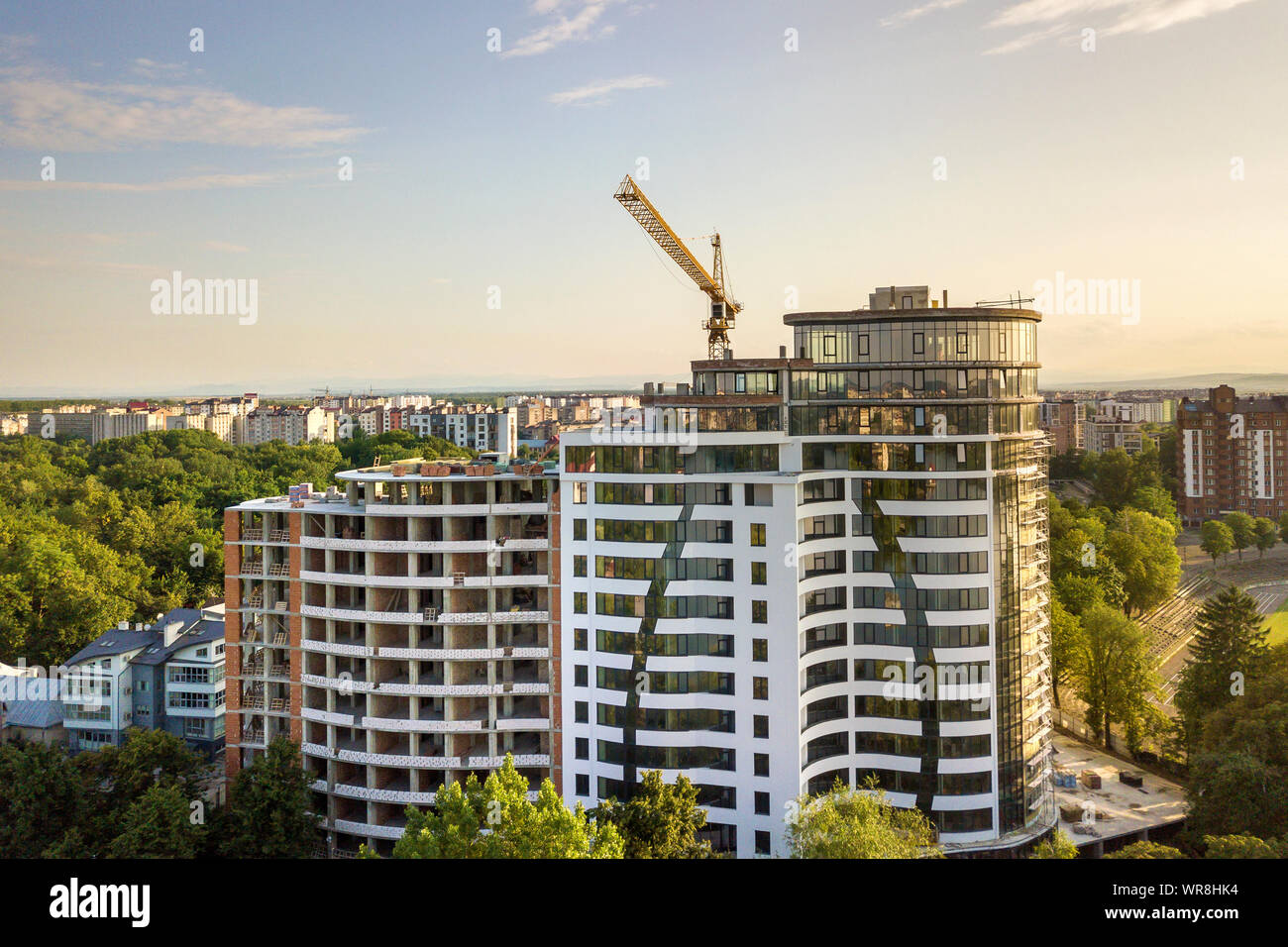 Aerial view of new modern skyscraper building under construction Stock ...