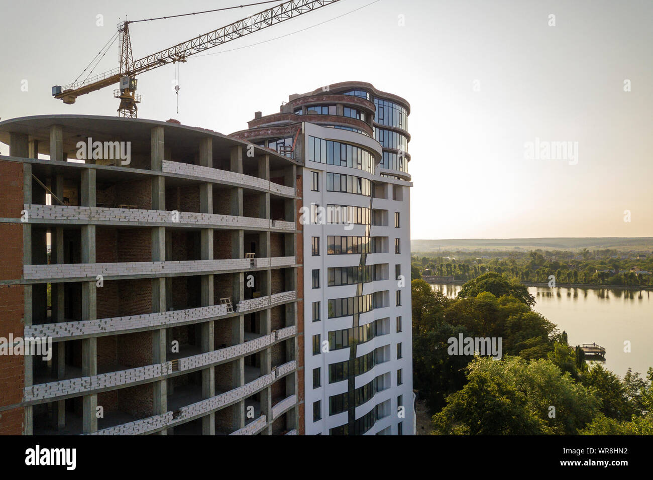 Aerial view of new modern skyscraper building under construction Stock ...