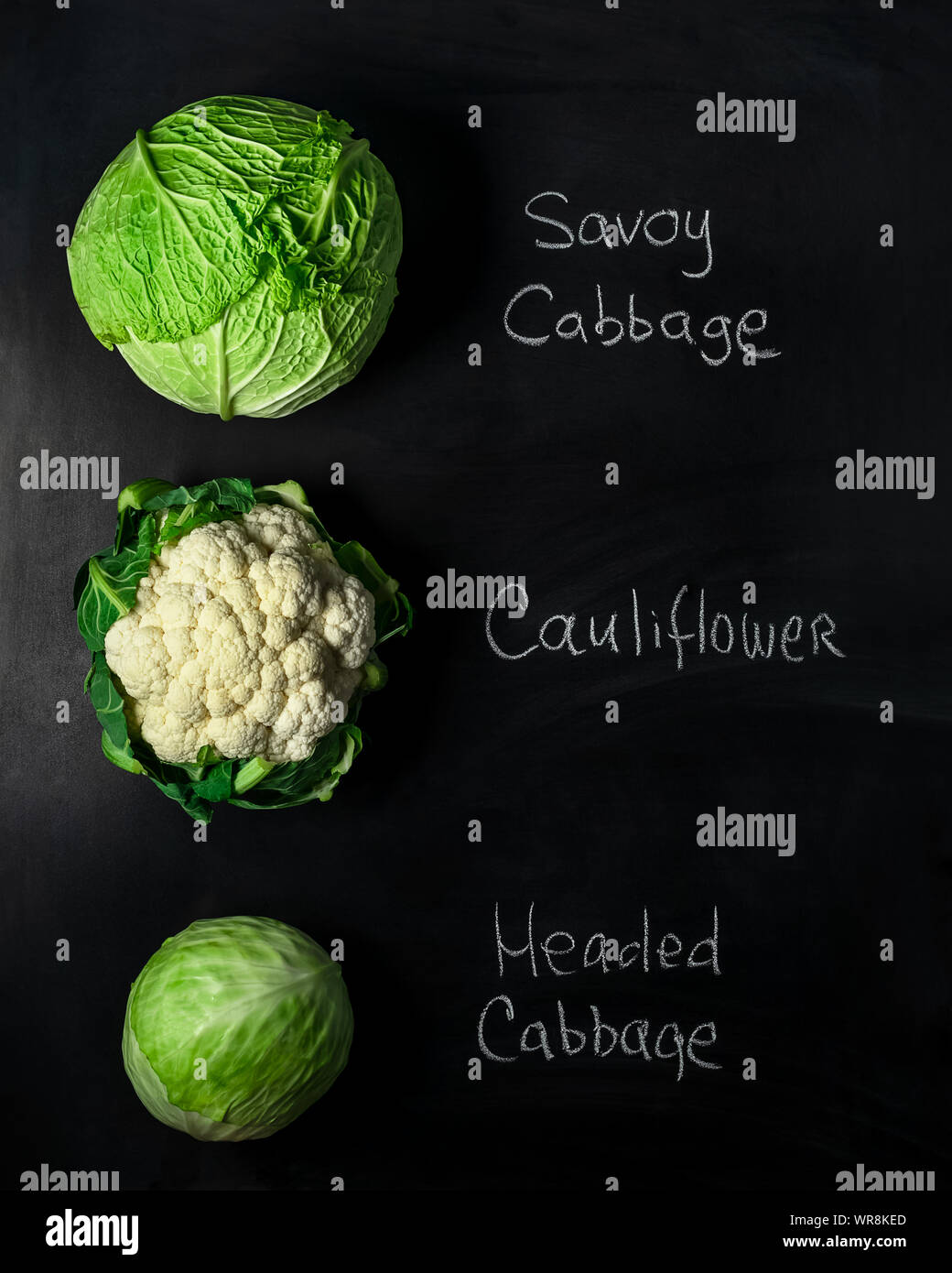 Tree types of cabbage heads on black board with incription. Top view ...