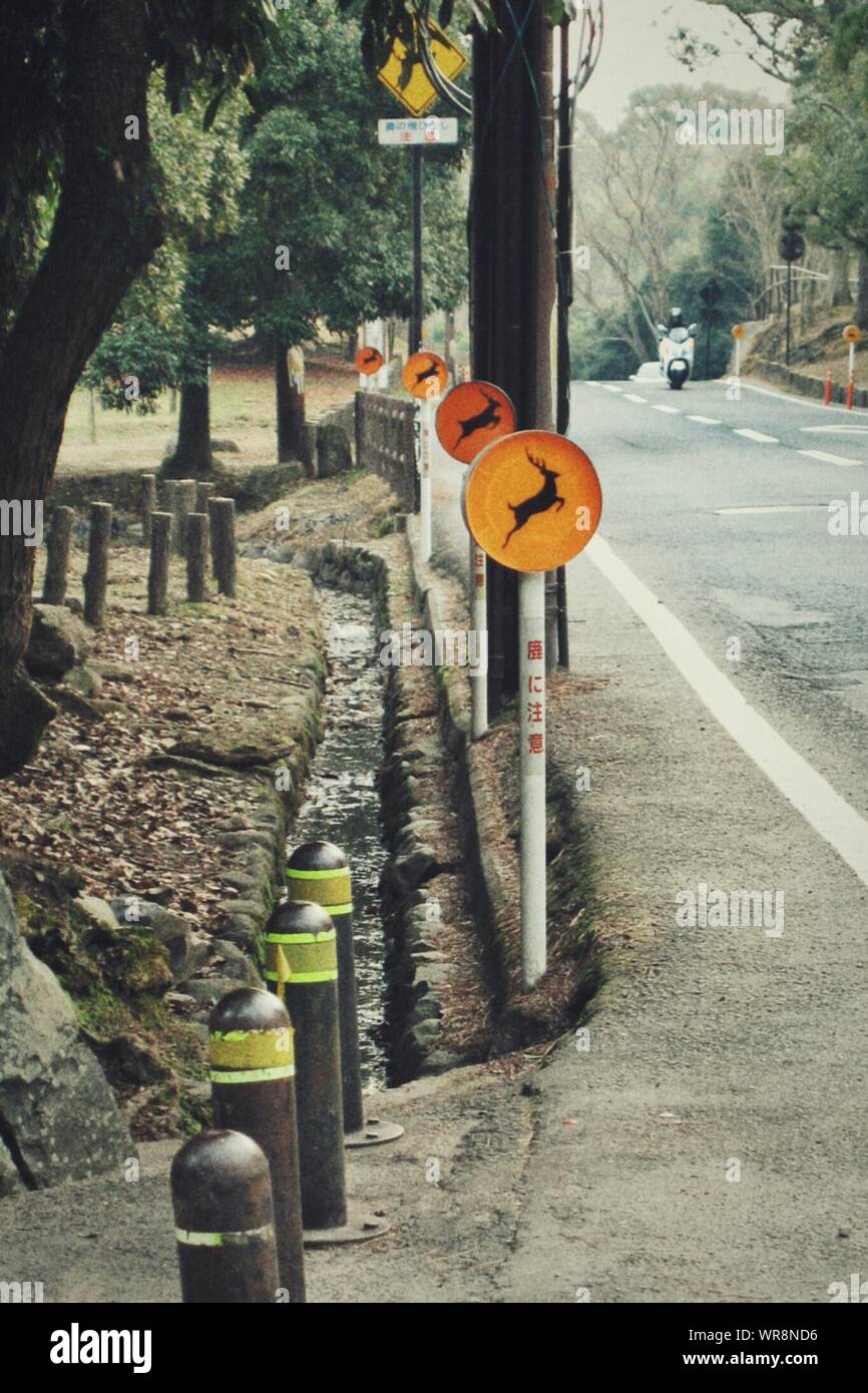 Deer Crossing Sign By Street Stock Photo - Alamy