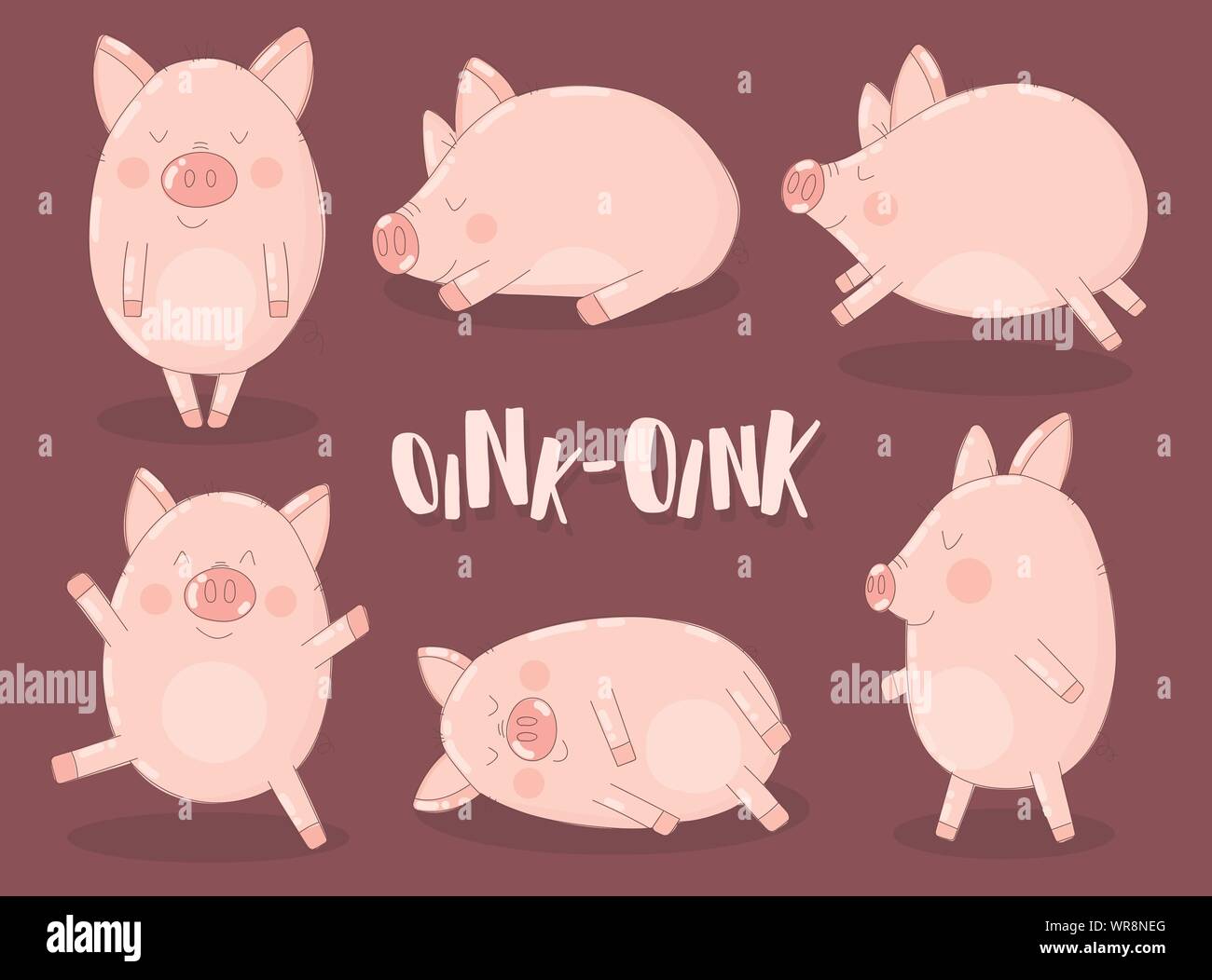 A collection of six funny pigs on a burgundy background with the word ...