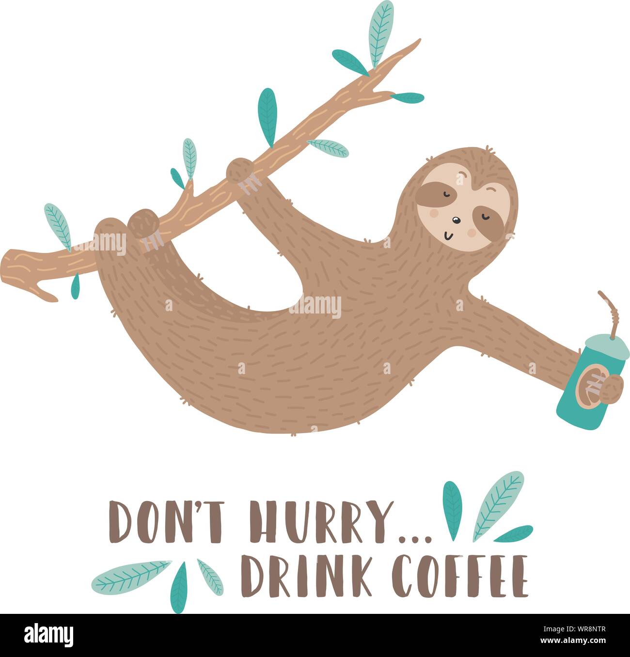 Vector isolated image of a cute sloth drinks coffee. Hand-drawn cartoon ...