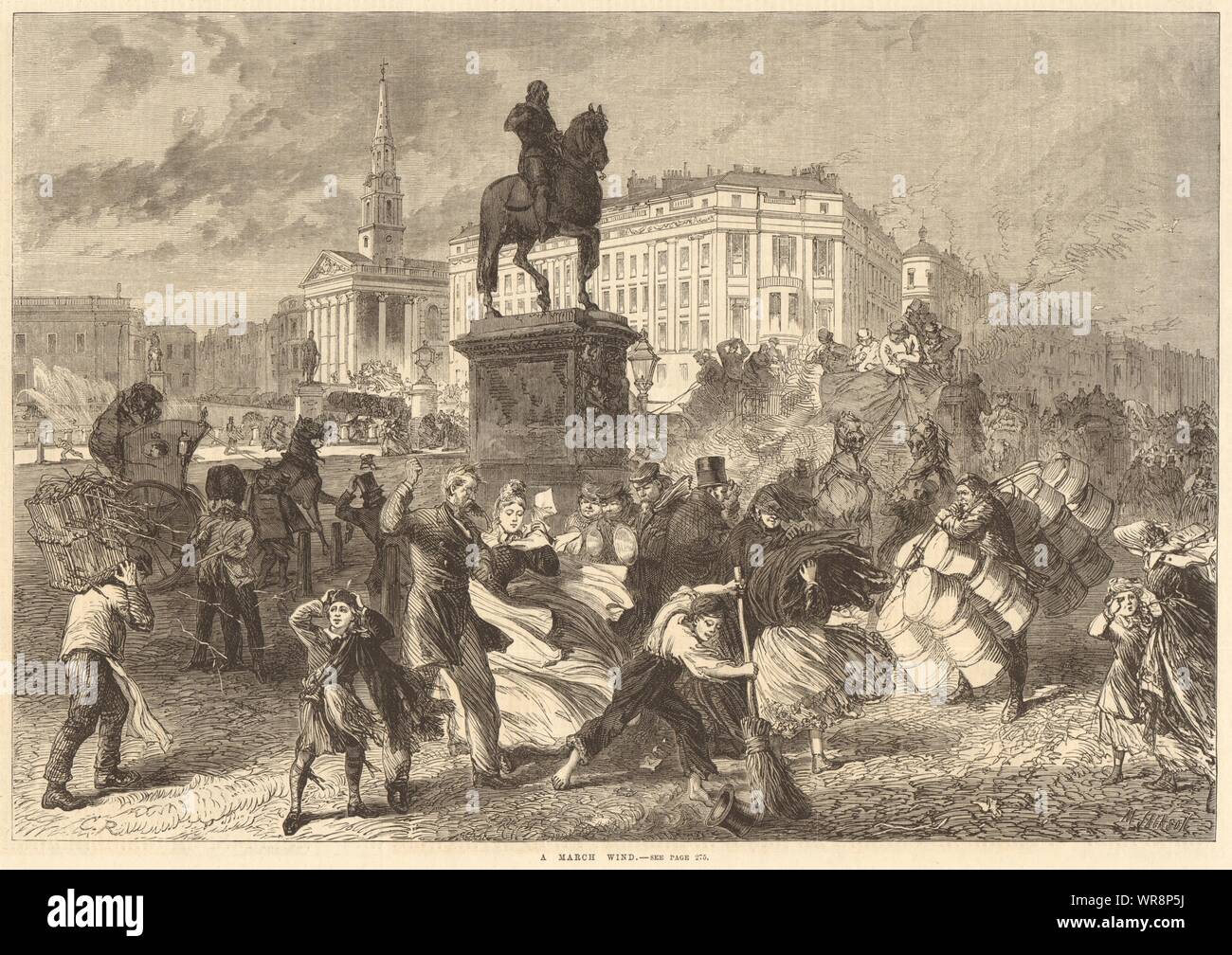 A March wind in Trafalgar Square, London. St Martin-in-the-Fields 1865 ...