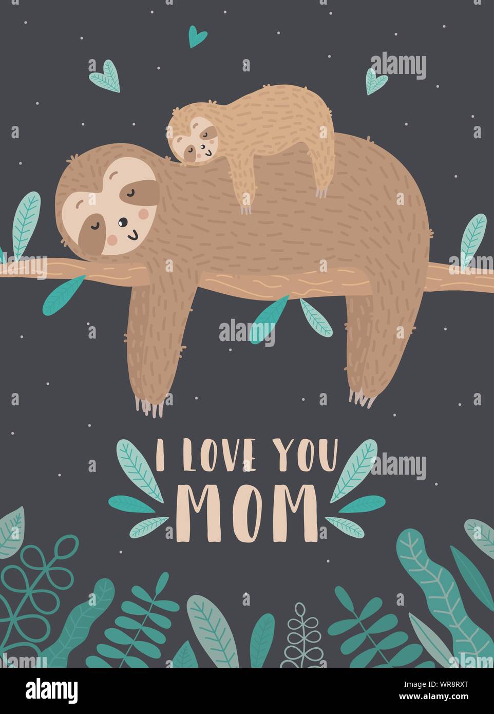 Vector image of a sleepy sloth hugs baby in the night. Hand-drawn ...
