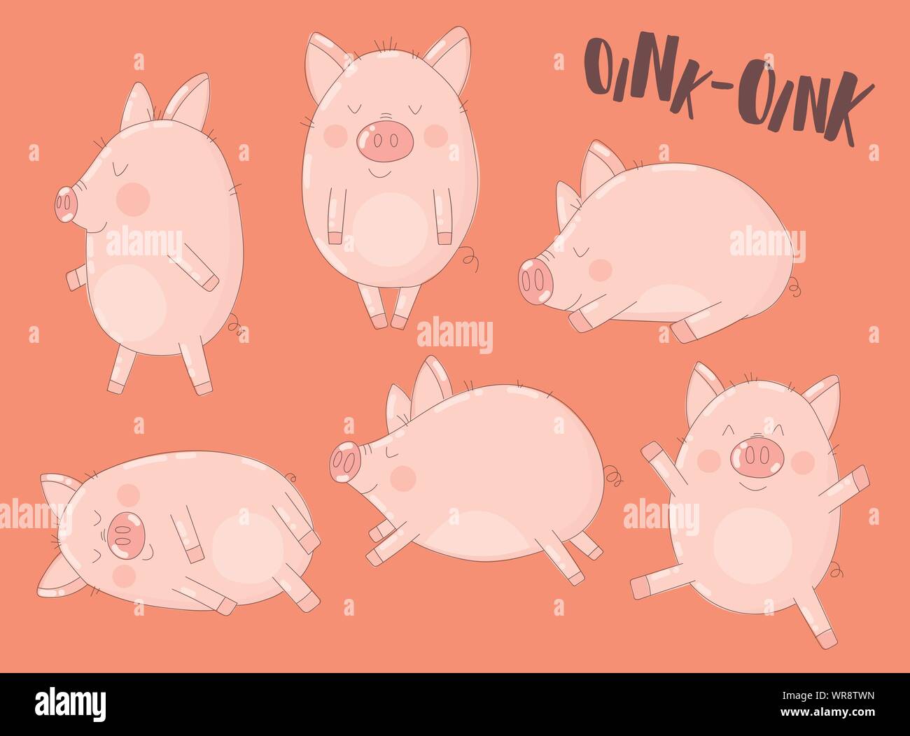 Collection of cute pigs on a red background with the word oink. Vector ...