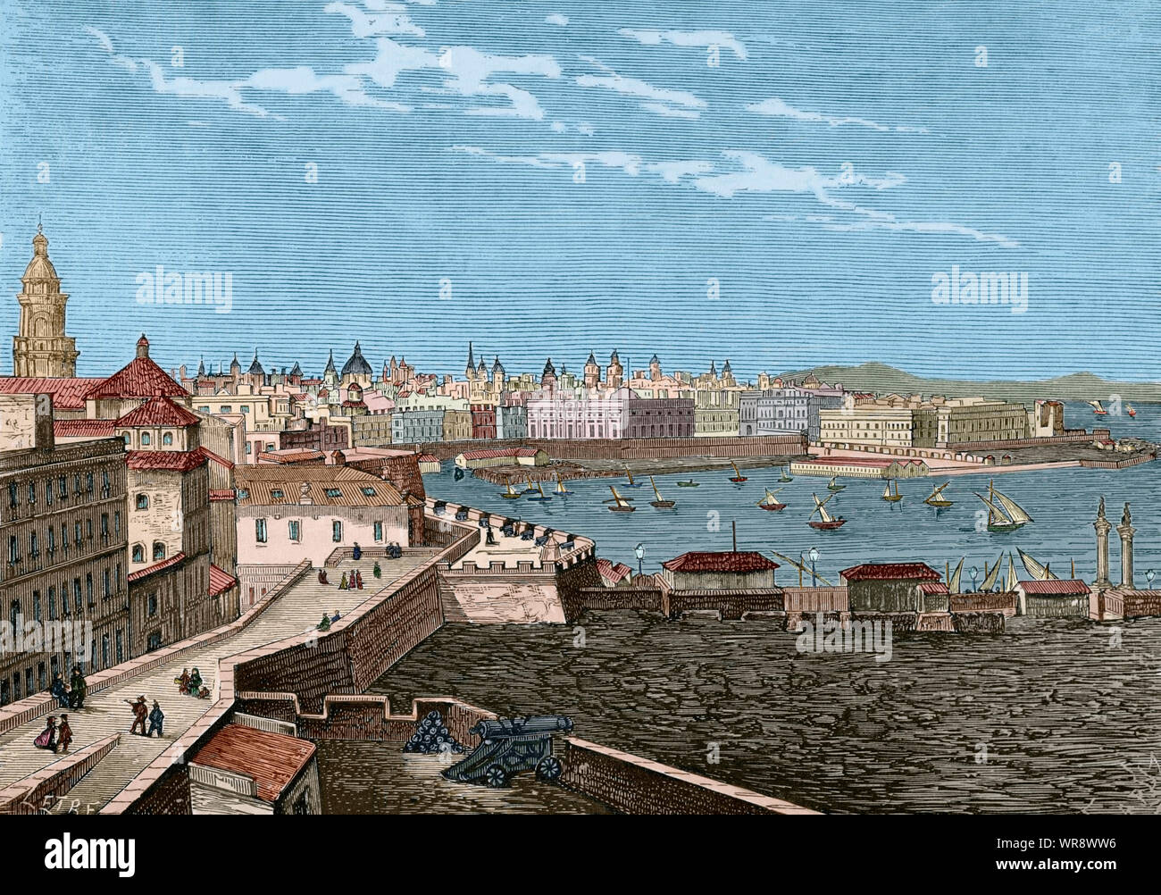 Cadiz, Andalusia, Spain. Panoramic view of the city. Drawing by Letre ...