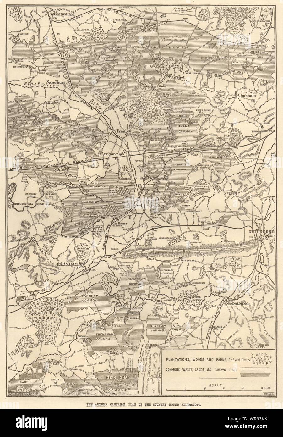 British Army Manouevres map. Aldershot Sandhurst Guildford Bagshot 1871 ...