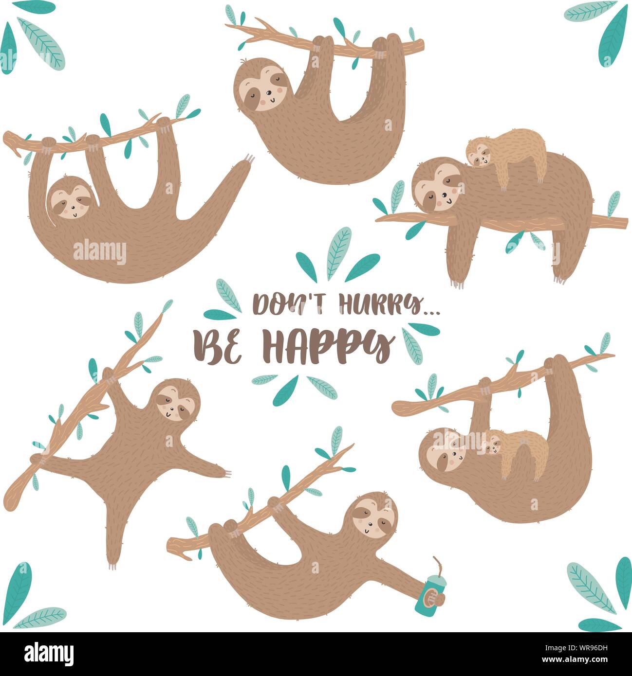 Vector set of cute sloths. Hand-drawn cartoon illustration of a sloth ...