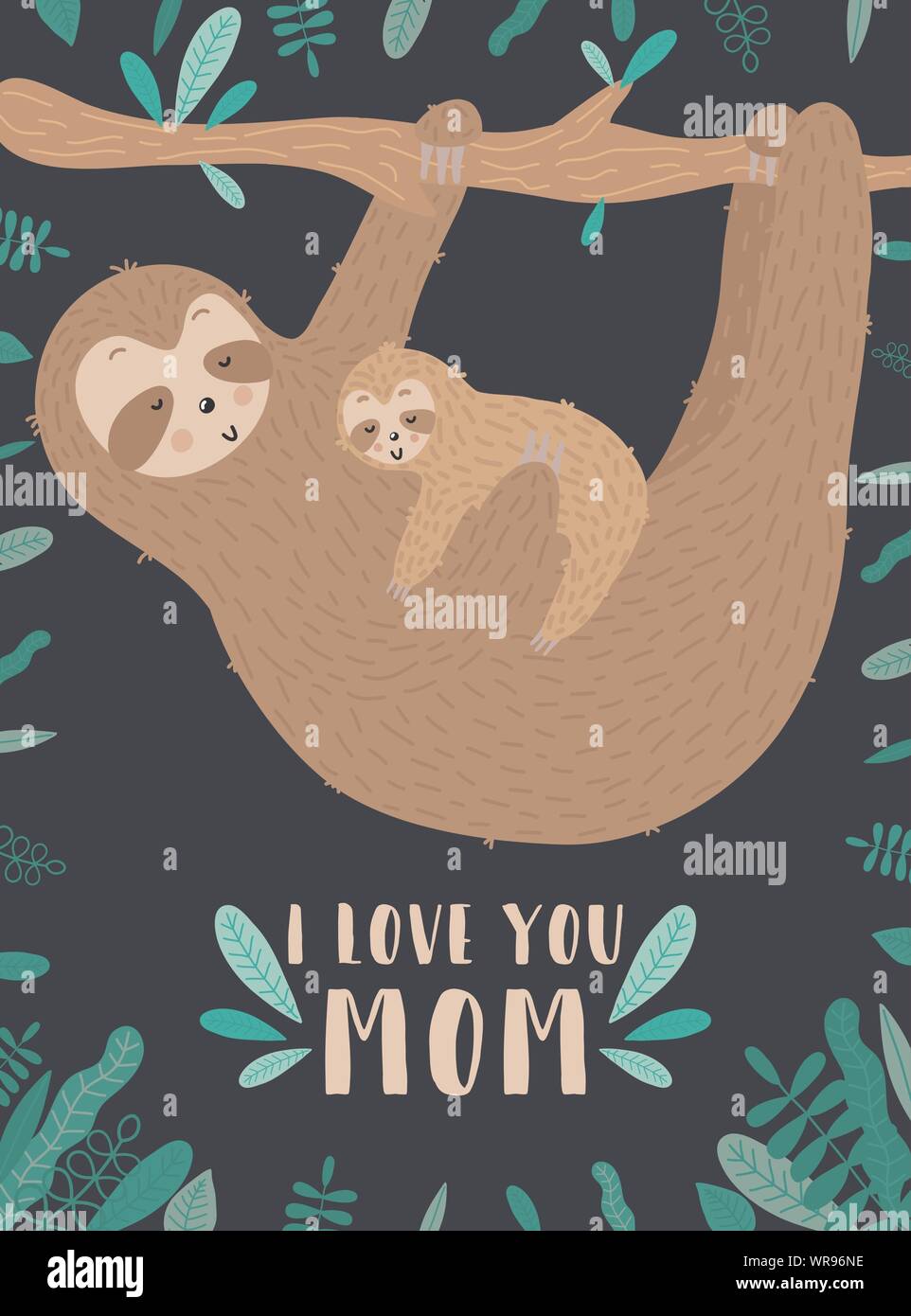 Vector image of a sleepy sloth hugs baby in the night. Hand-drawn ...