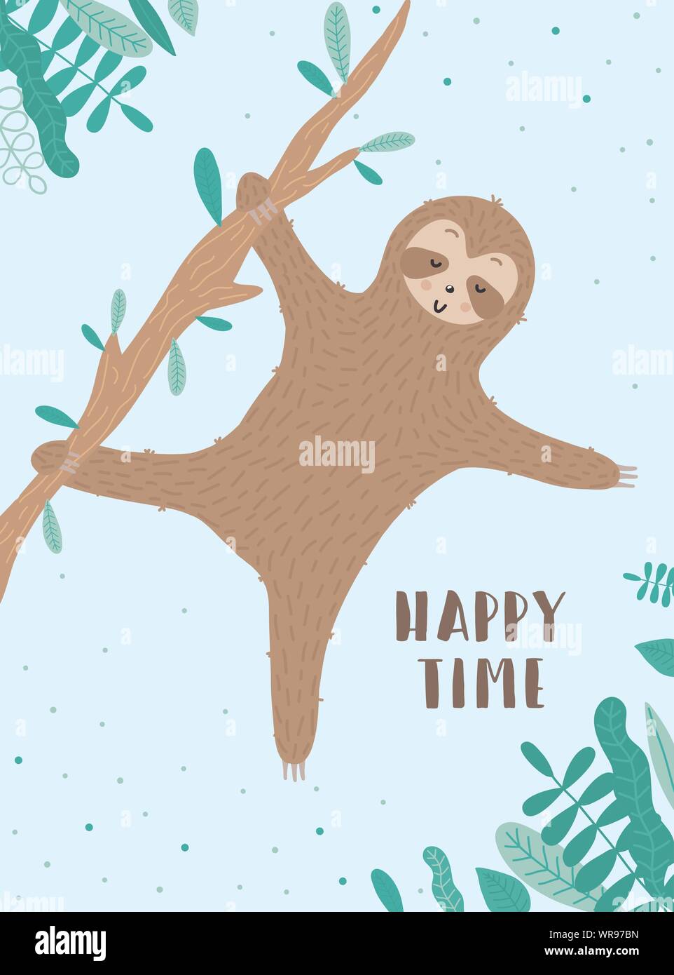 Vector image of a happy dancing sloth on the branch. Hand-drawn cartoon ...