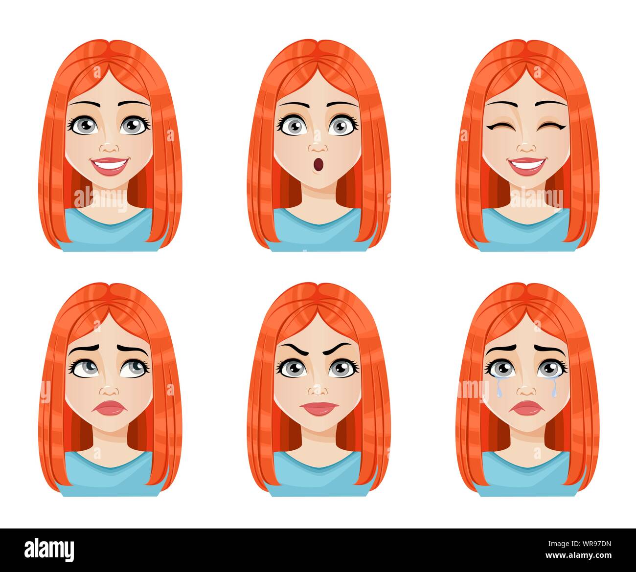 Face expressions of beautiful redhead woman. Different female emotions ...
