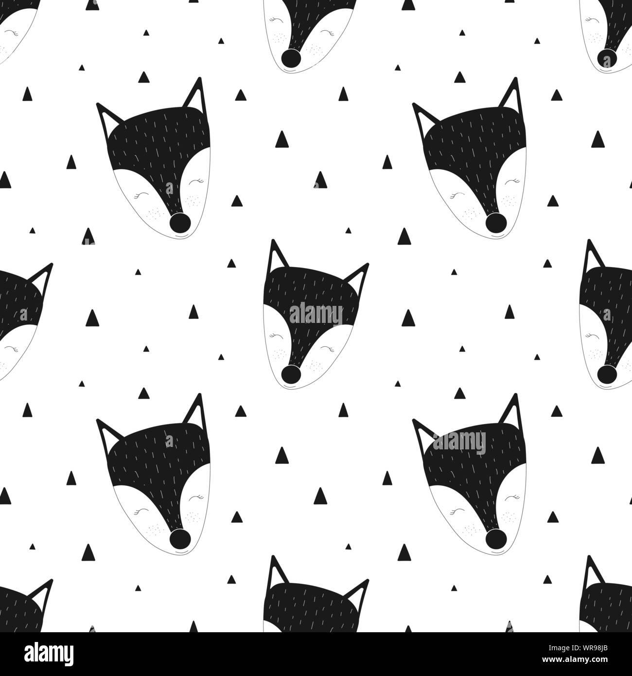 Seamless pattern of black and white fox. Vector scandinavian hand-drawn ...