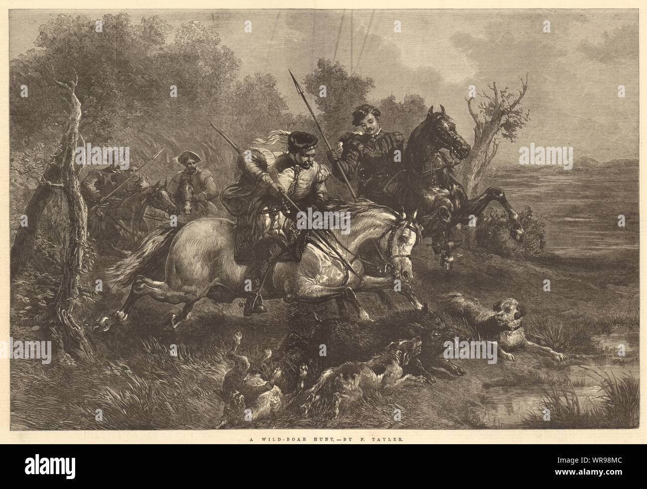 A wild-boar hunt, by F. Tayler. Hunting. Hunting 1874 antique ILN full ...
