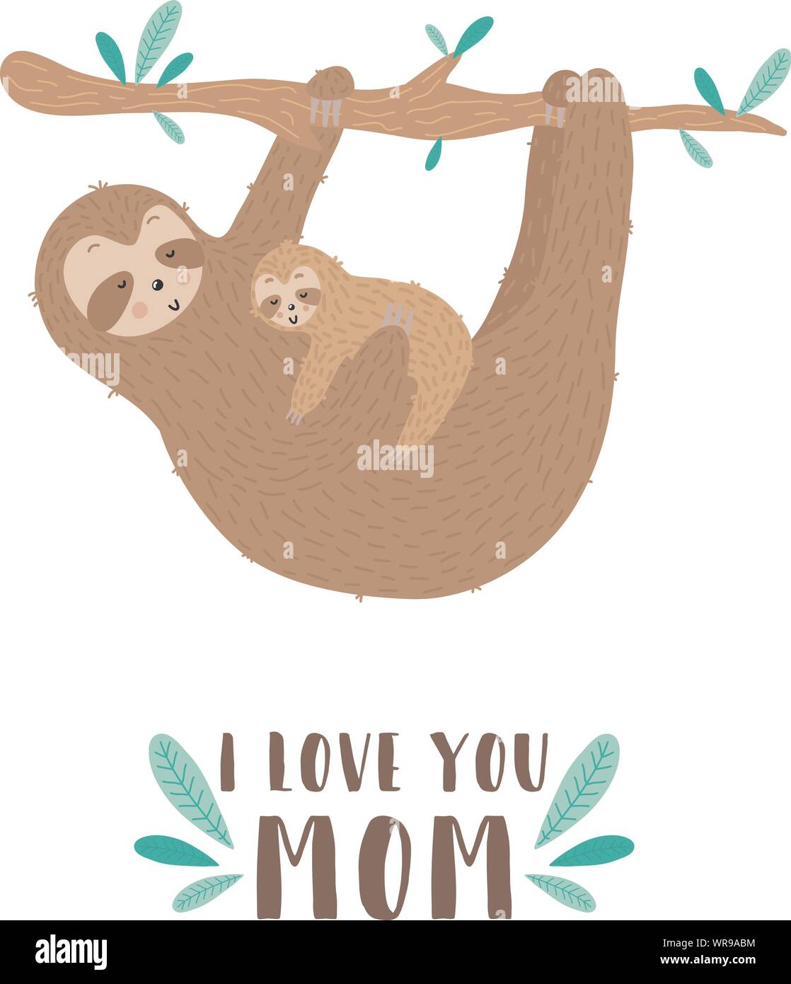 Vector isolated image of a cute sloth hugs baby on the branch. Hand ...