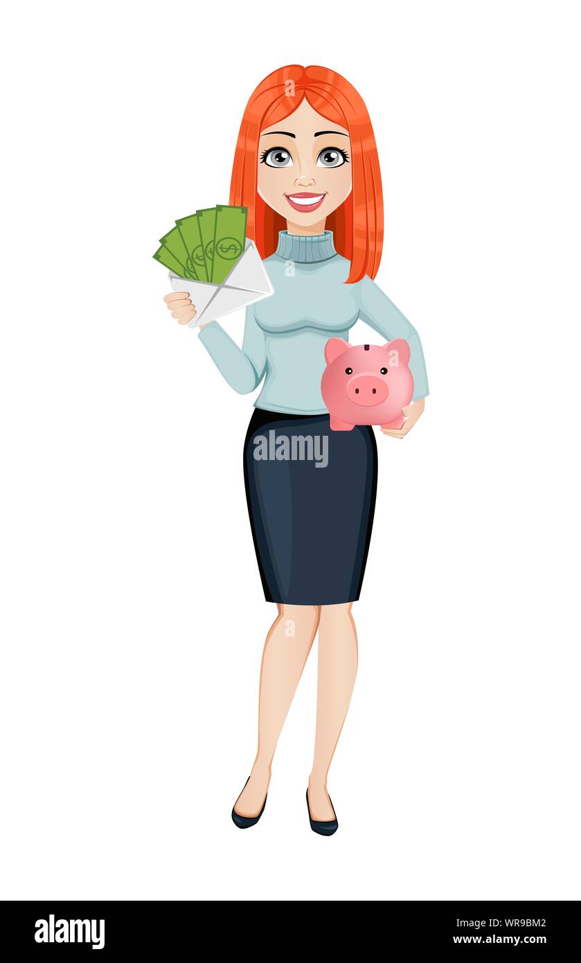Young beautiful redhead business woman holding money and piggy bank ...