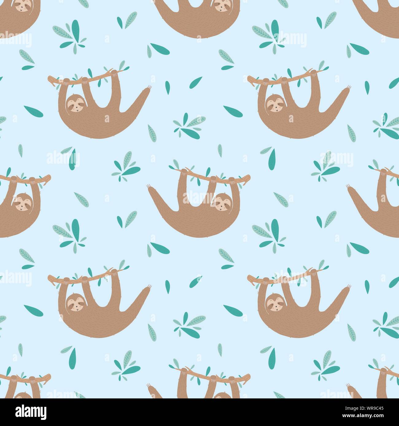 Seamless pattern of lazy cute sloths and leaves. Hand-drawn ...