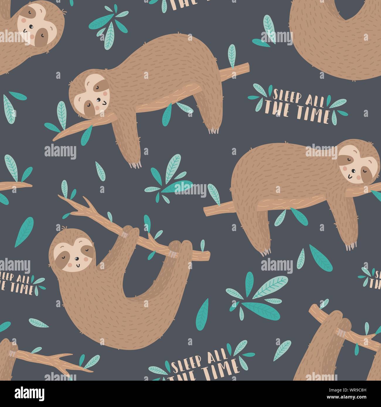 Seamless pattern of sleepy sloths in the night. Hand-drawn illustration ...