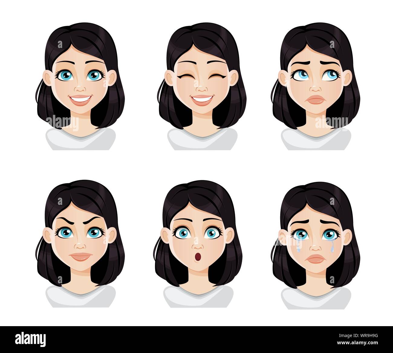 Face Expressions Of Woman With Dark Hair Different Female Emotions Set