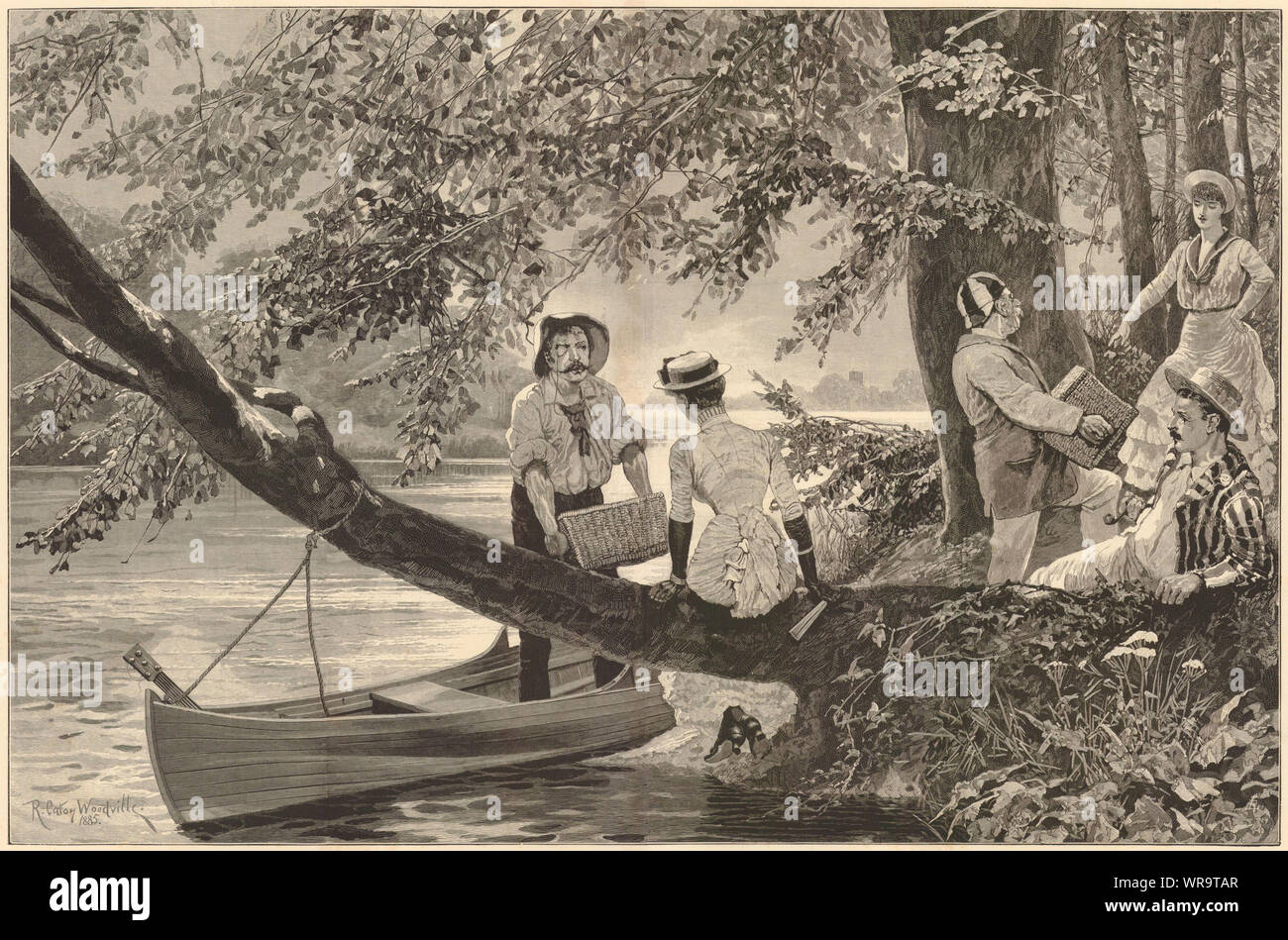 A river picnic. Society. Rowing boat 1885 antique ILN full page print ...