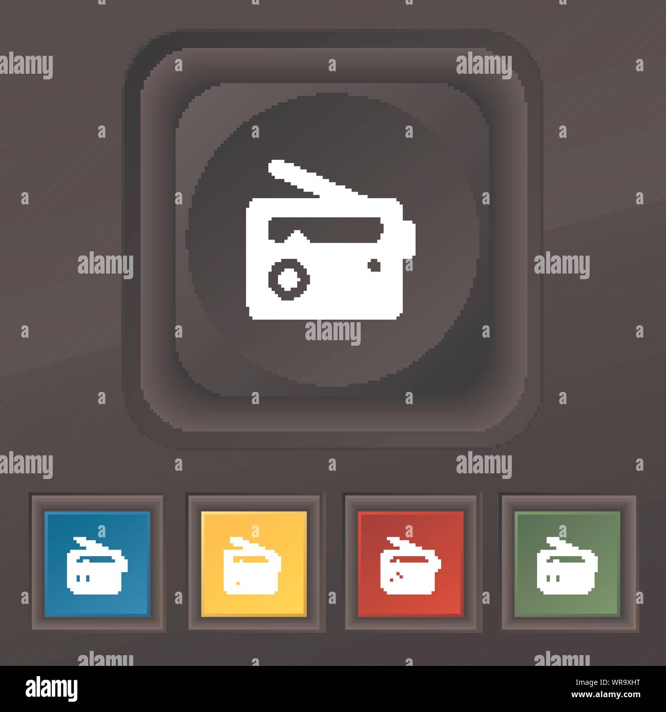 Retro Radio icon symbol. Set of five colorful, stylish buttons on black ...