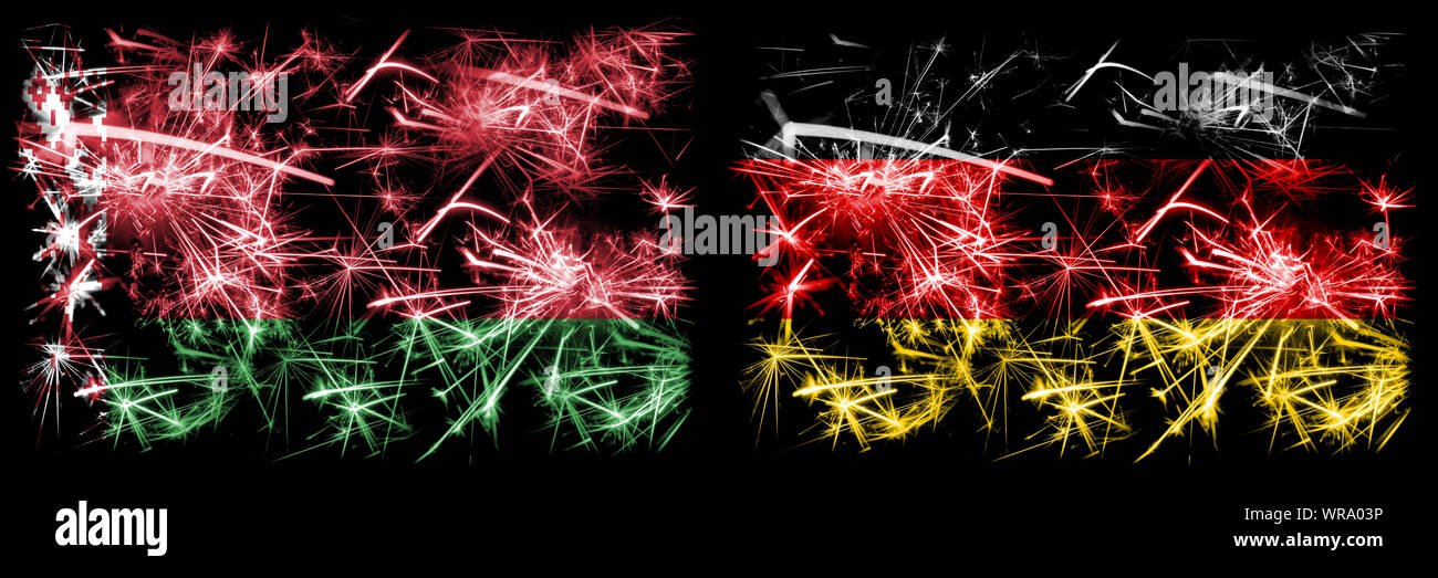 Belarus, Germany sparkling fireworks concept and idea flags Stock Photo ...