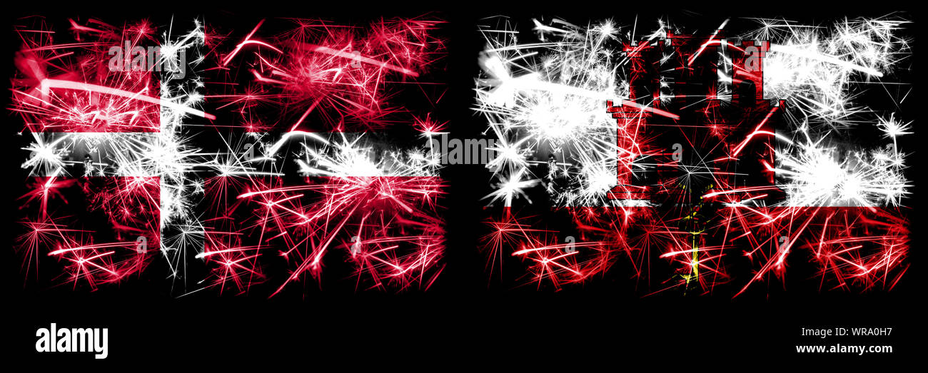 Denmark, Gibraltar sparkling fireworks concept and idea flags Stock ...
