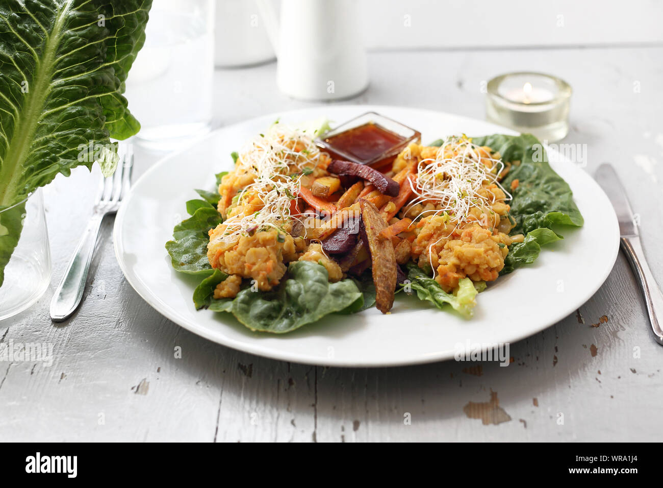 Vegetable fries with vegetable stew on iceberg lettuce Stock Photo - Alamy