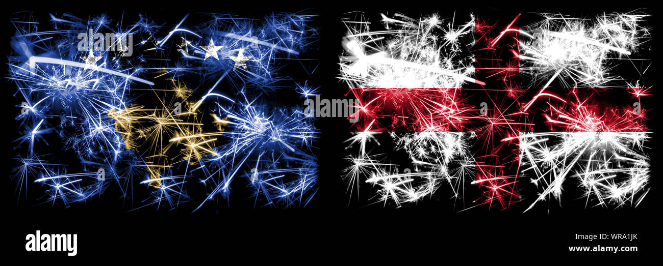 Kosovo, England sparkling fireworks concept and idea flags Stock Photo ...