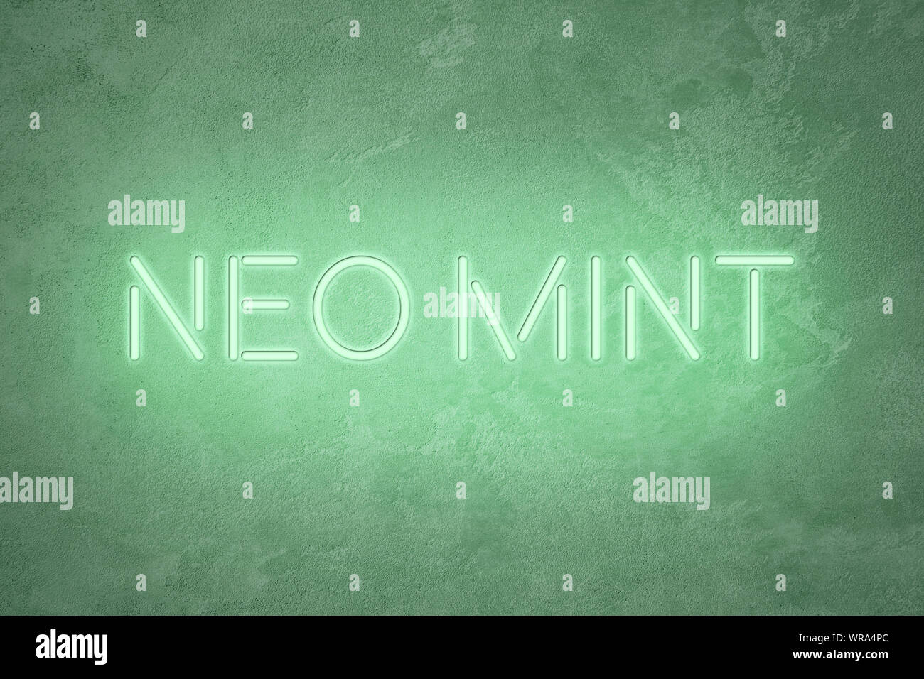Trendy mint colored neon sign glowing lettering on abstract textured ...