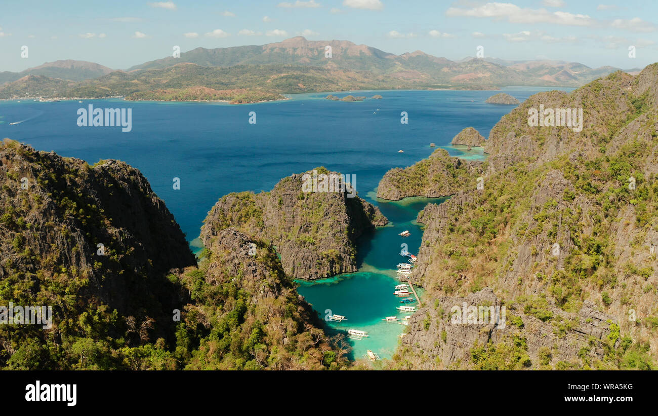 Aerial drone lagoons and coves with blue water among the rocks. lagoon ...