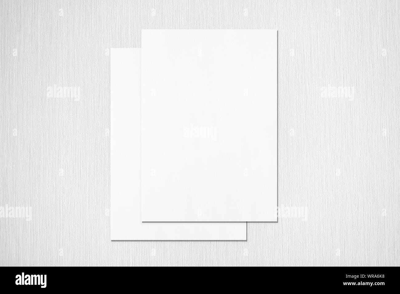 Two empty white rectangle poster or card mockups lying on top of each ...