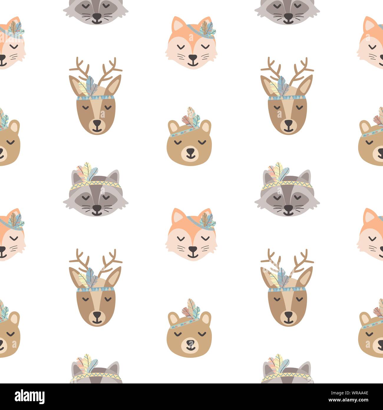 Seamless pattern of cartoon cute animals in Boho style. Hand-drawn ...